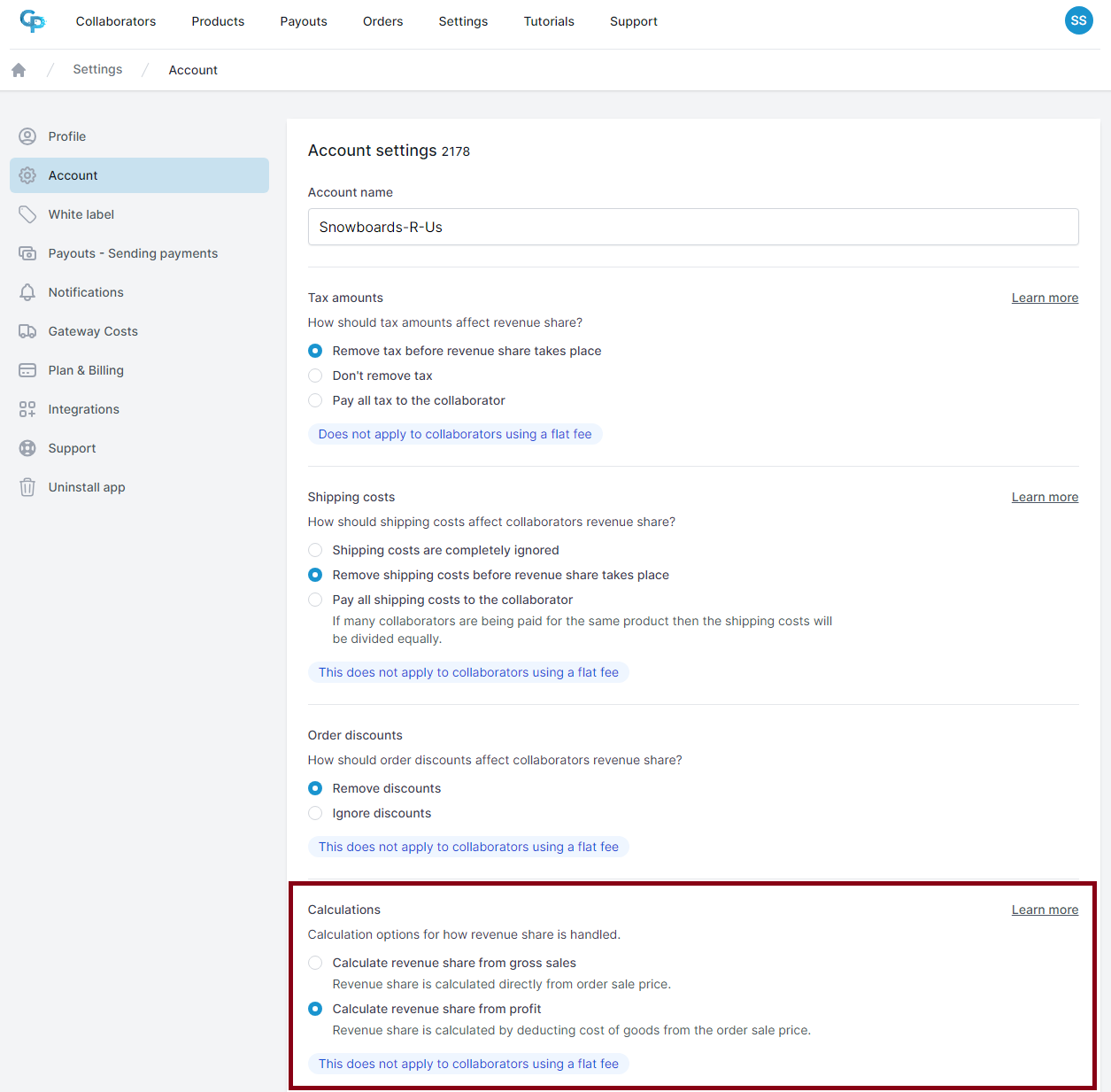 Revenue share settings | CollabPay Documentation