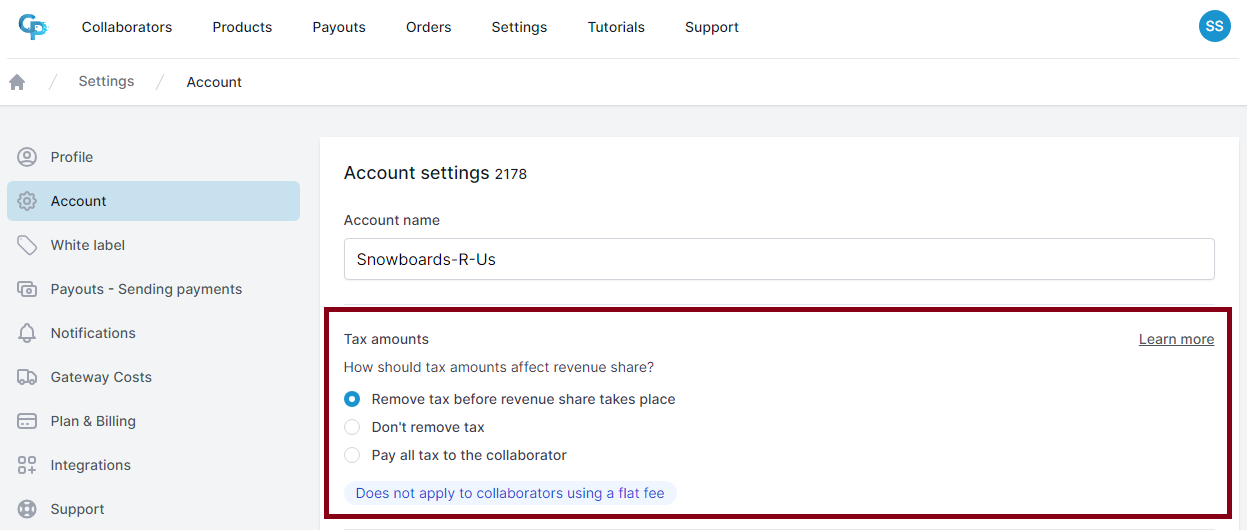Tax settings | CollabPay Documentation